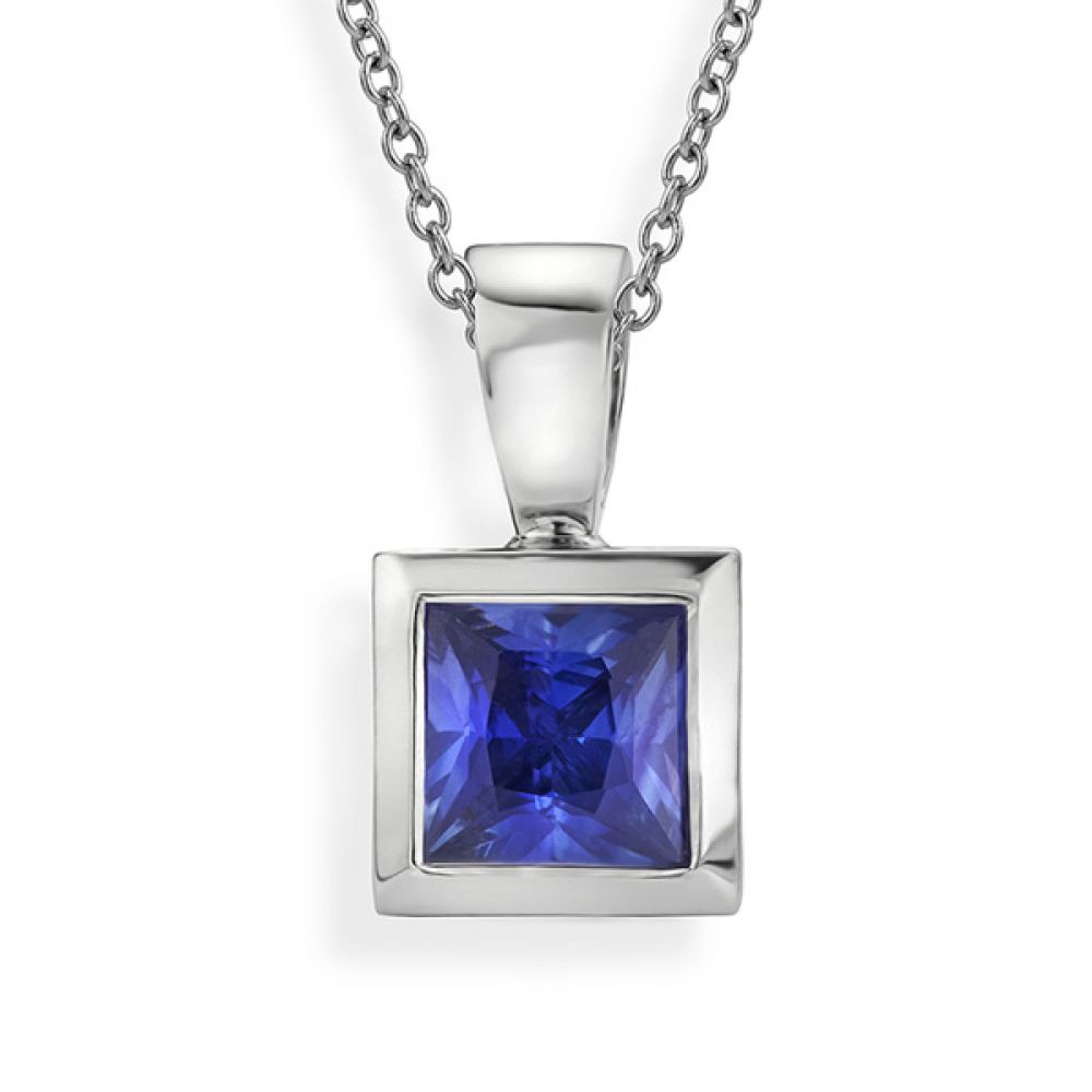 Square Blue Sapphire Necklace with Rub-over Setting