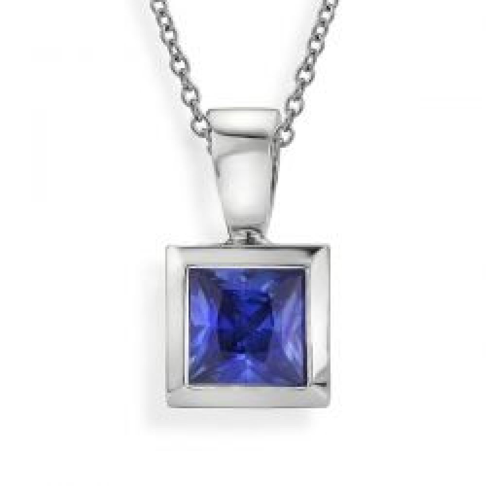 Square Blue Sapphire Necklace with Rub-over Setting