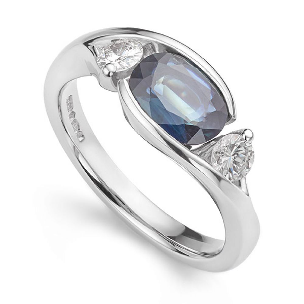 Bespoke Oval Blue Sapphire and Diamond 3 Stone Ring