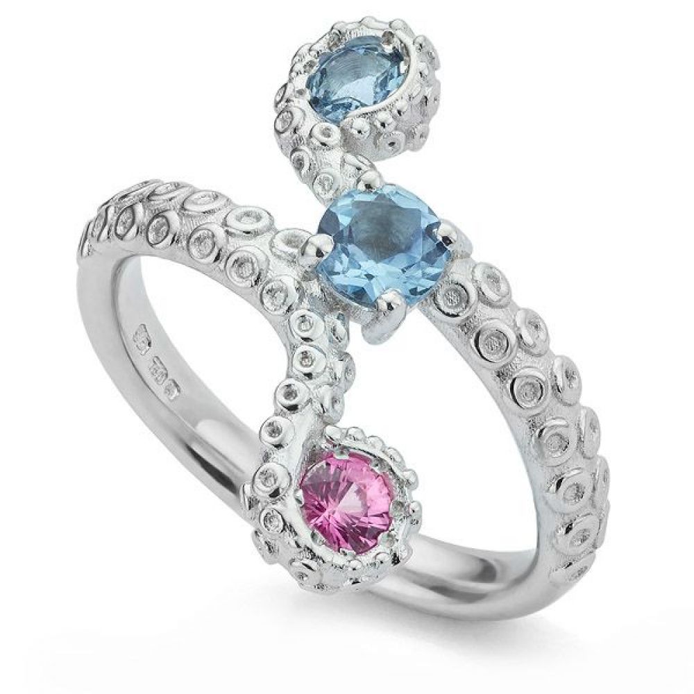 Gold Gemstone Octopus Ring | Aquamarine & Pink Sapphire