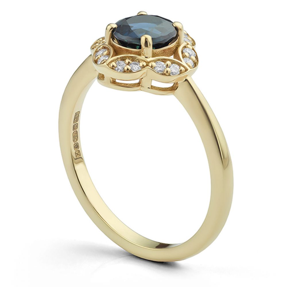 Vintage Blue Sapphire and Diamond Halo Engagement Ring in Yellow Gold