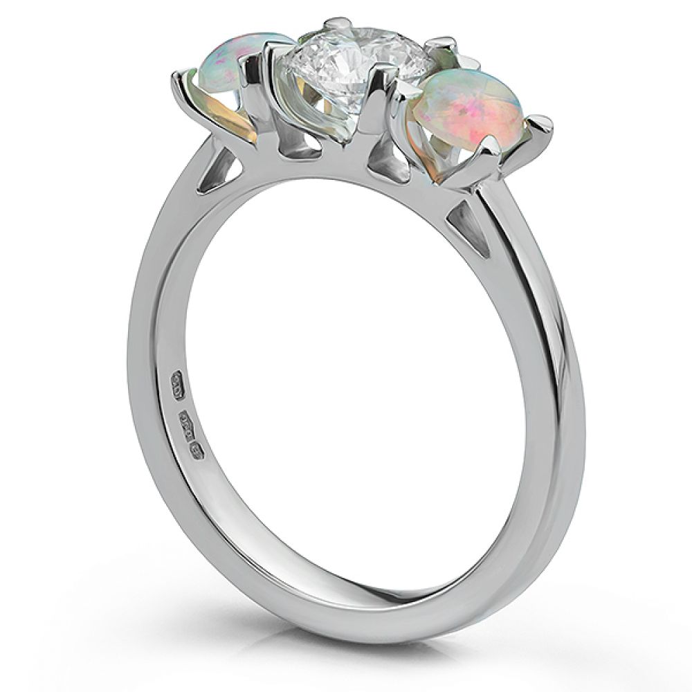 3 Stone Opal and Diamond Ring - 1 Diamond - 2 Opals