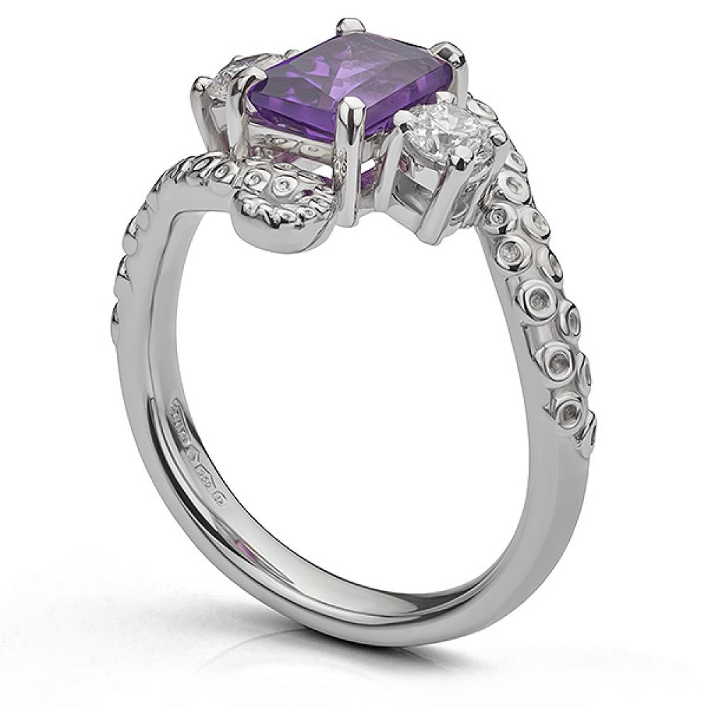 Amethyst and Diamond Octopus Ring - 3 Stone Trilogy Kraken Ring