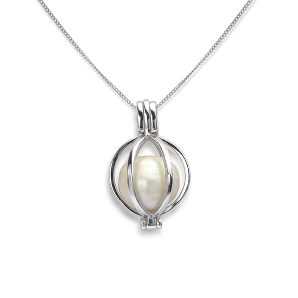Round Silver Pearl Cage Pendant with Hinged Cage Design