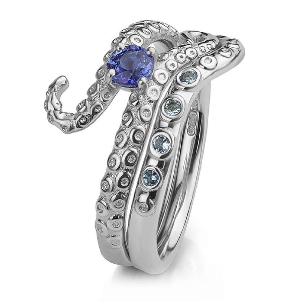 Blue Sapphire Octopus Ring with Matching Wedding Ring