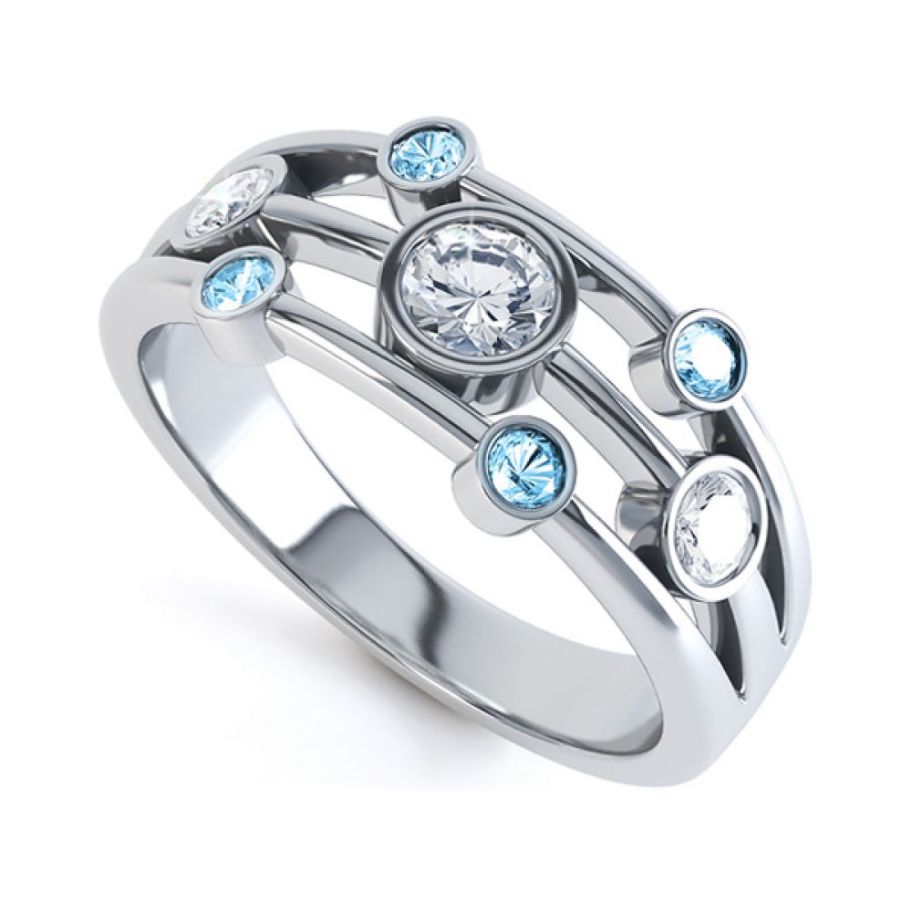 7 Stone Diamond and Blue Sapphire Ring