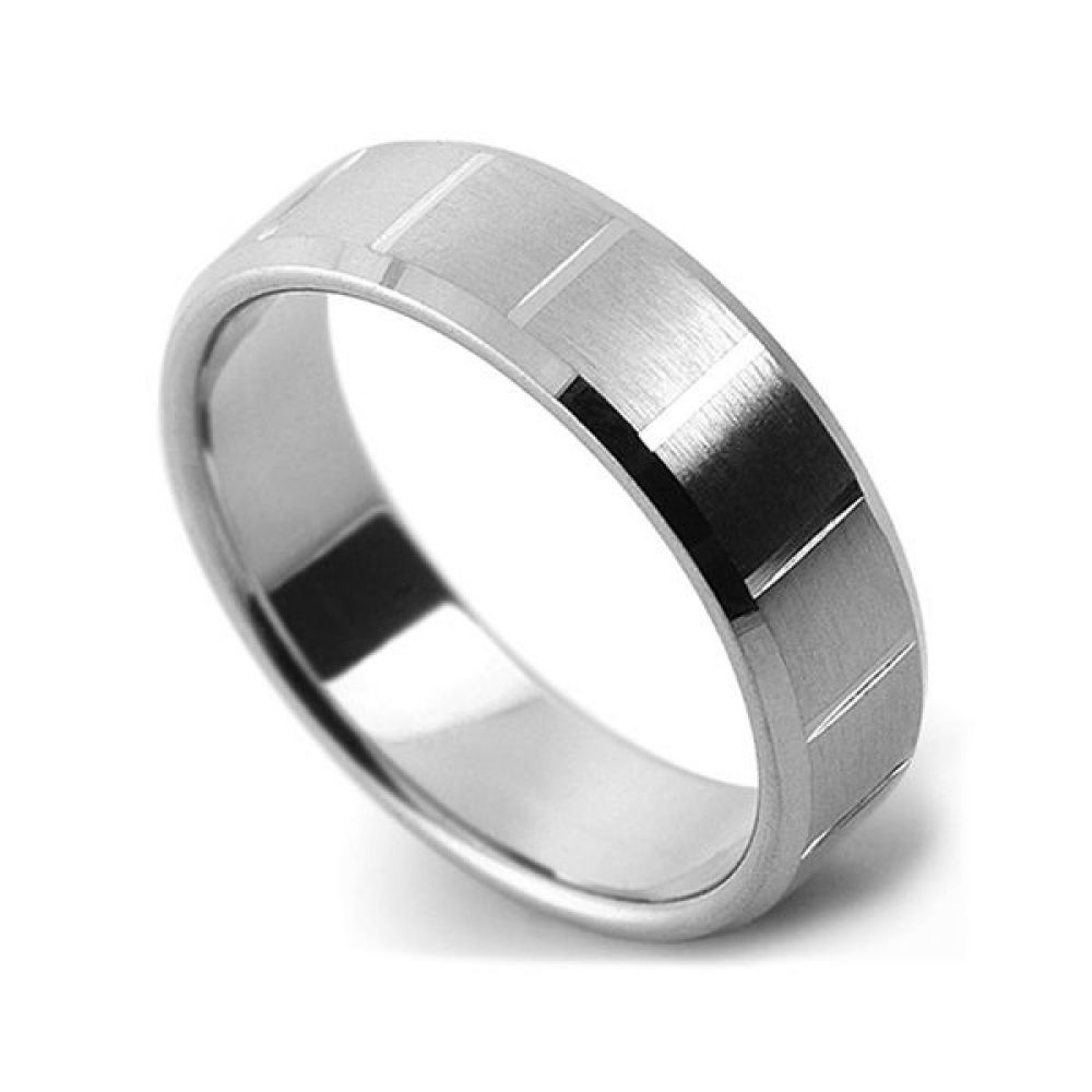Cross Patterned Wedding Ring - Brushed Satin with Bevelled Edge